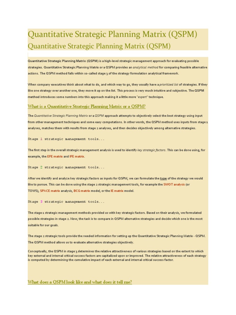 Quantitative Strategic Planning Matrix (QSPM) | PDF | Strategic ...