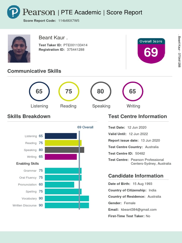 PTE Academic Score Report Summary | PDF