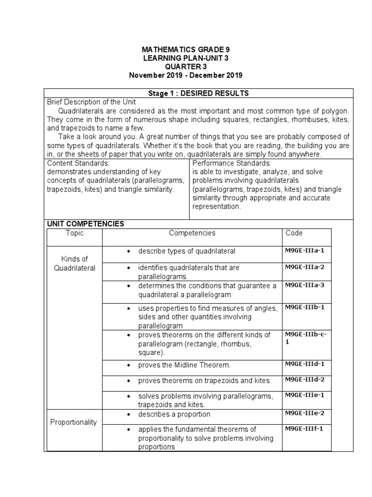 Mathematics Grade 9 Learning Plan-Unit 3 Quarter 3 November 2019 ...