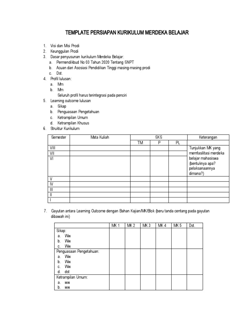 Template Persiapan Kurikulum Merdeka Belajar | PDF