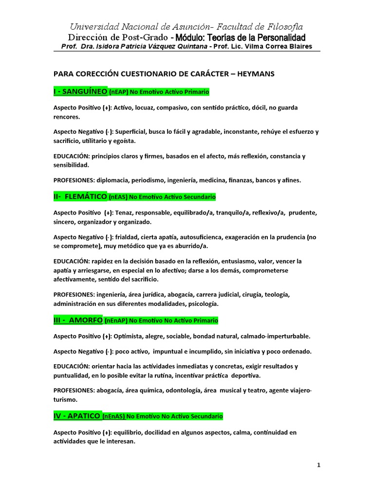 Correc. Cuest. CARÁCTER - HEYMANS | PDF | Maestros | Conceptos psicologicos
