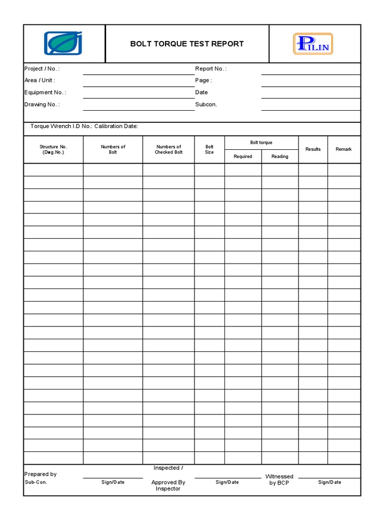 Bolt Torque Test Report Template | PDF