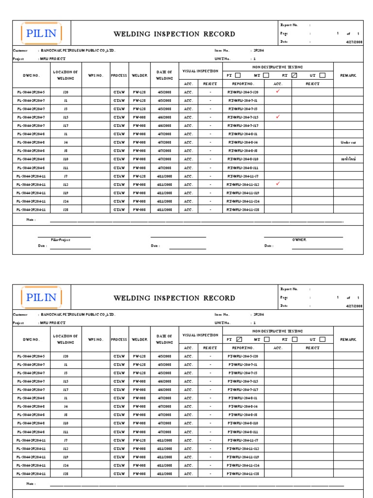 Welding Inspection Record for MRU Project | PDF | Chemical Industry ...