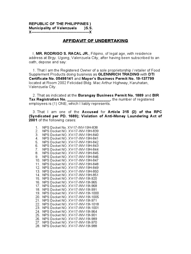 Affidavit of Undertaking | PDF | Affidavit | Legal Procedure