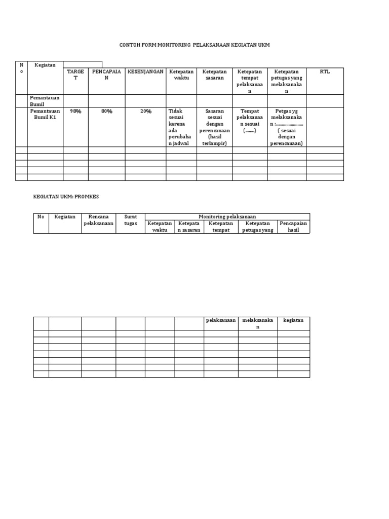 Contoh Form Monitoring Pelaksanaan Kegiatan Ukm 1 | PDF