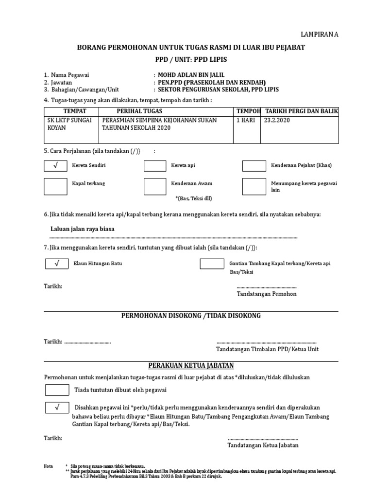 Borang Tugas Rasmi Di Luar Pejabat Lampiran A TNT | PDF