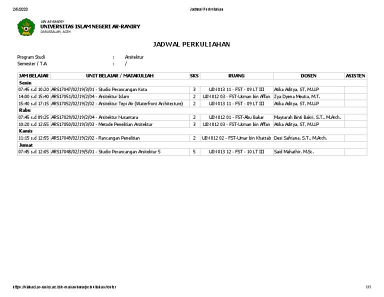Roster Jadwal Perkuliahan | PDF
