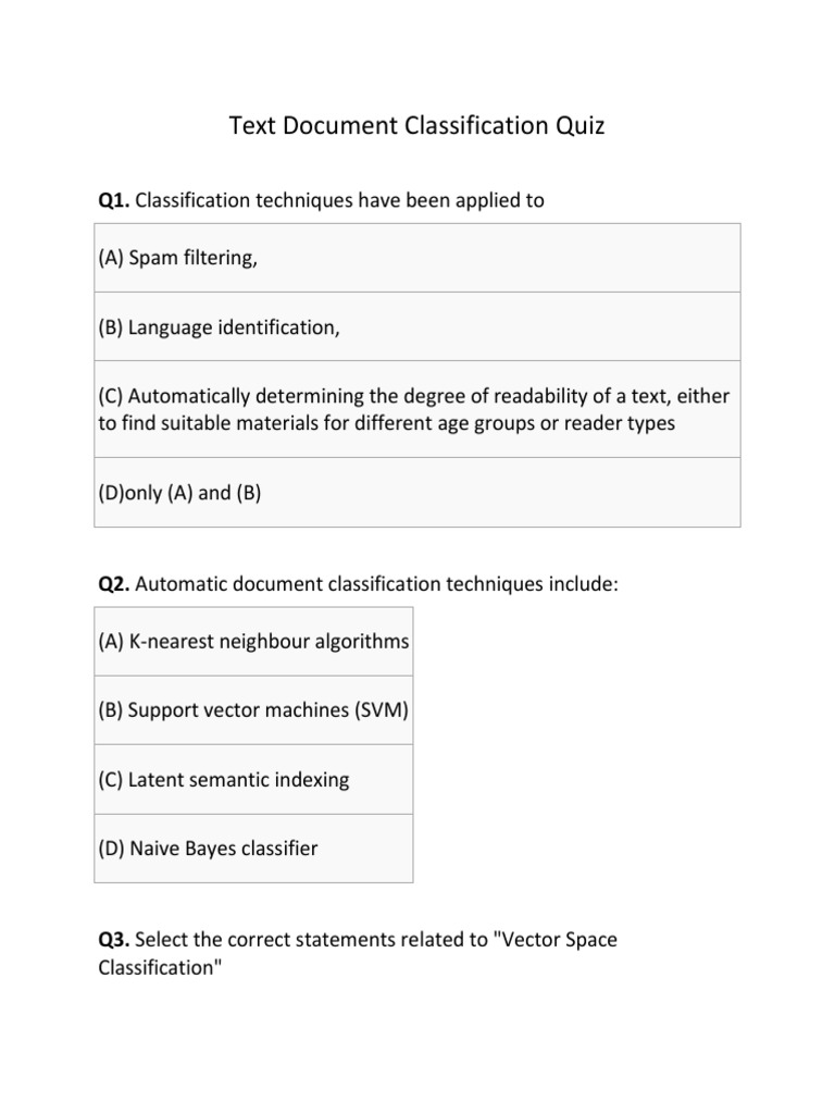 Text Document Classification Quiz: Q1. Classification Techniques Have Been Applied To | PDF ...