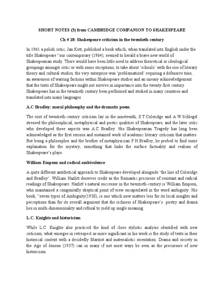 Short Notes (3) From Cambridge Companion To Shakespeare CH # 18 ...