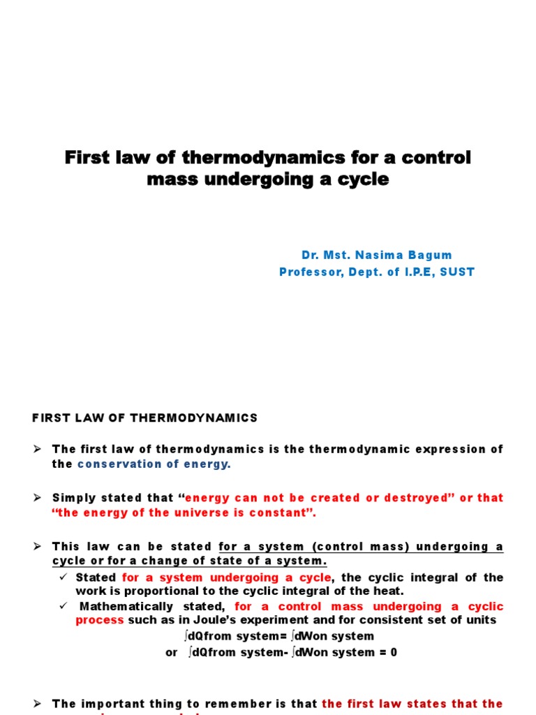 First Law of Thermodynamics For A Control Mass | PDF | Heat | Heat Pump