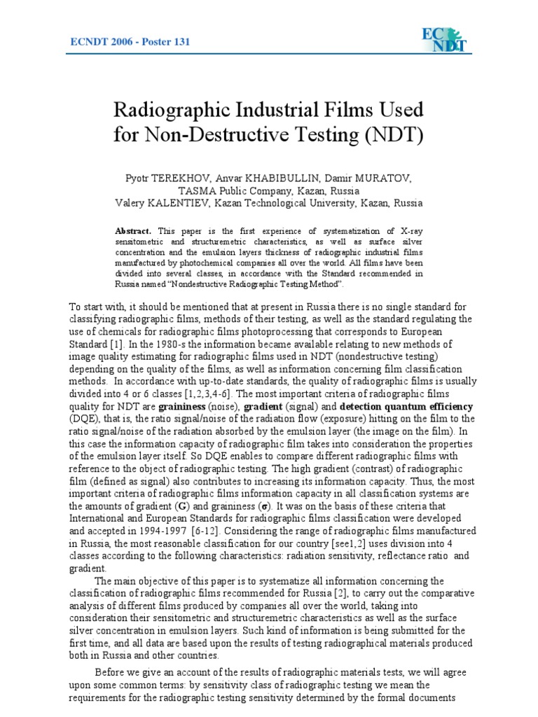 Radiographic Industrial Films Used For Non-Destructive Testing (NDT) | PDF