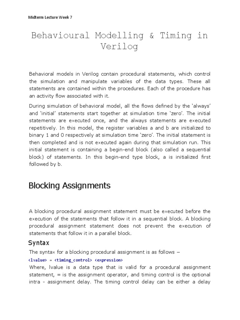 Behavioural Modelling & Timing in Verilog: Blocking Assignments | PDF | Control Flow | Subroutine