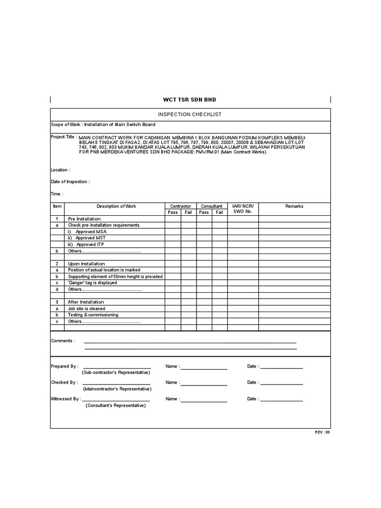 WCT TSR SDN BHD: Inspection Checklist | PDF