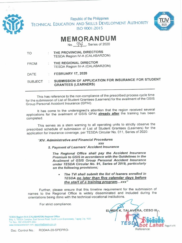 TESDA RO Memo No. 94 S. 2020