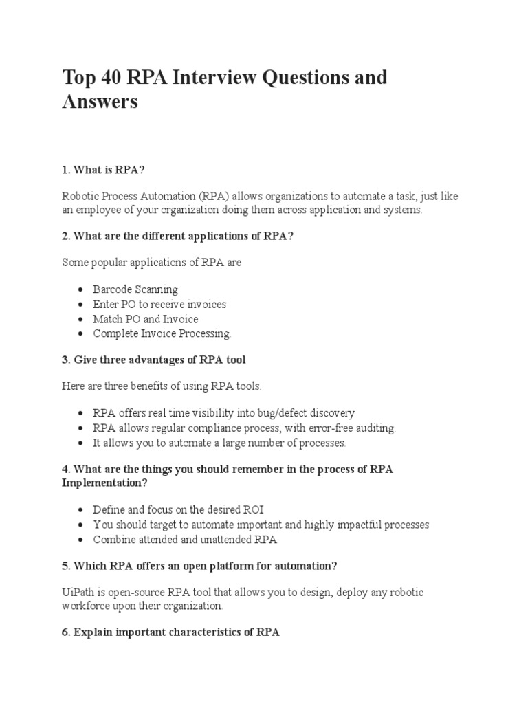 Top 40 RPA Interview Questions and Answers | PDF | Internet Bot ...