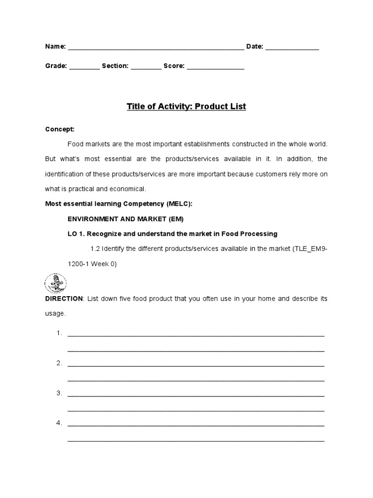 Title of Activity: Product List | PDF