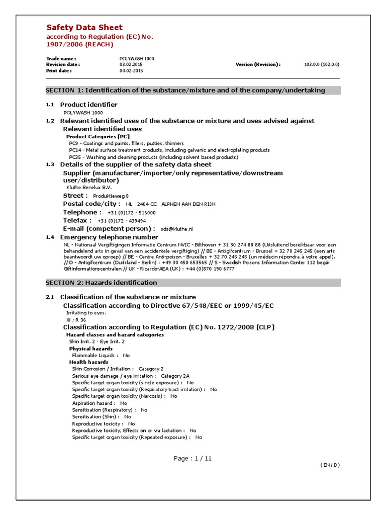 MSDS Polywash 1000 - English 2015 | PDF | Toxicity | Dangerous Goods