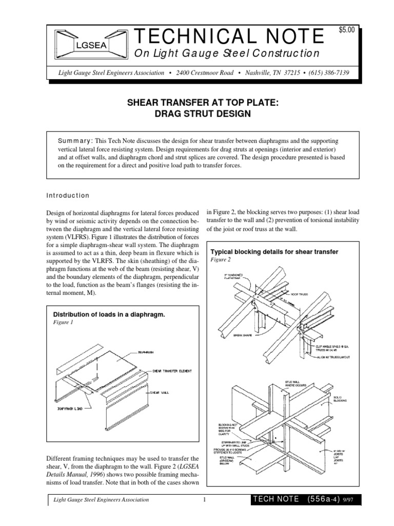 Shear Transfer at Top Plate, Drag Strut Design | PDF | Truss | Beam ...
