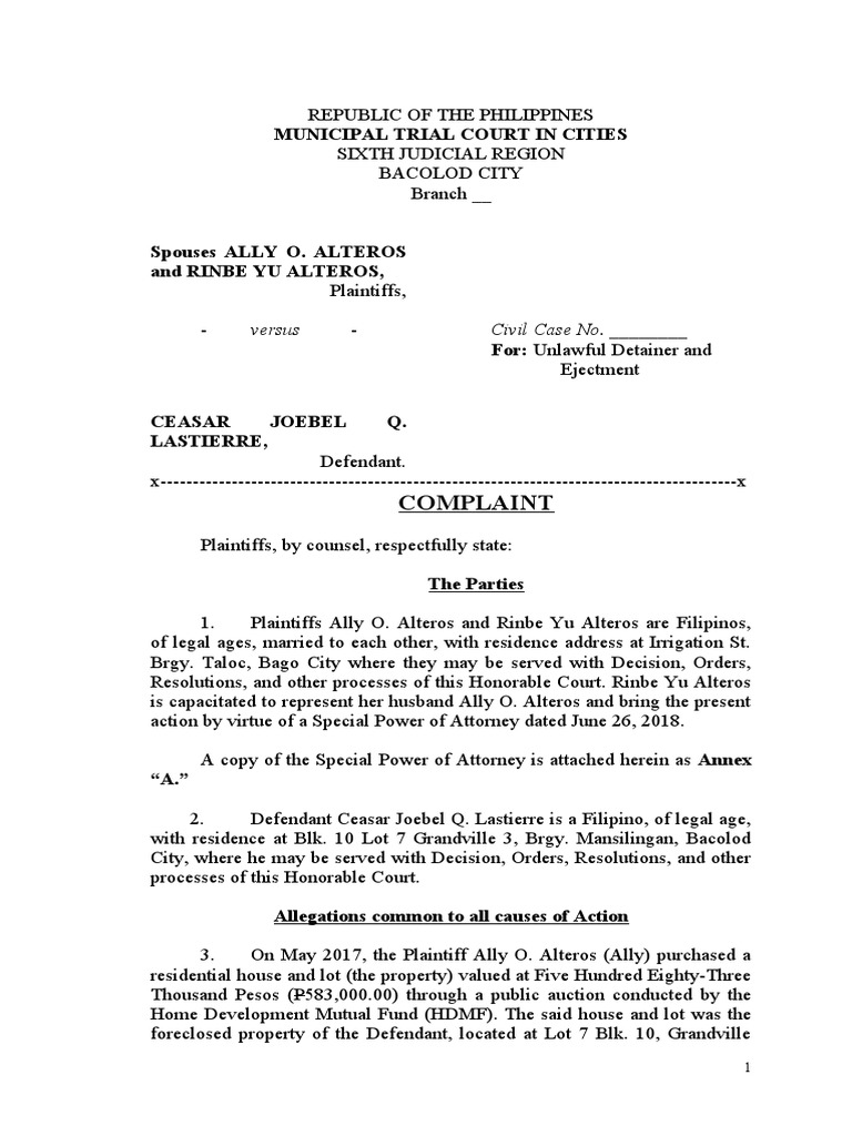 Complaint Ejectment (Alterios) | PDF | Deed | Lawsuit