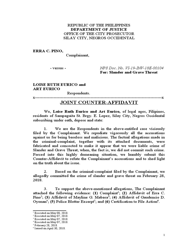 Eurico Joint Counter-Affidavit Submission | PDF | Defamation | Misconduct