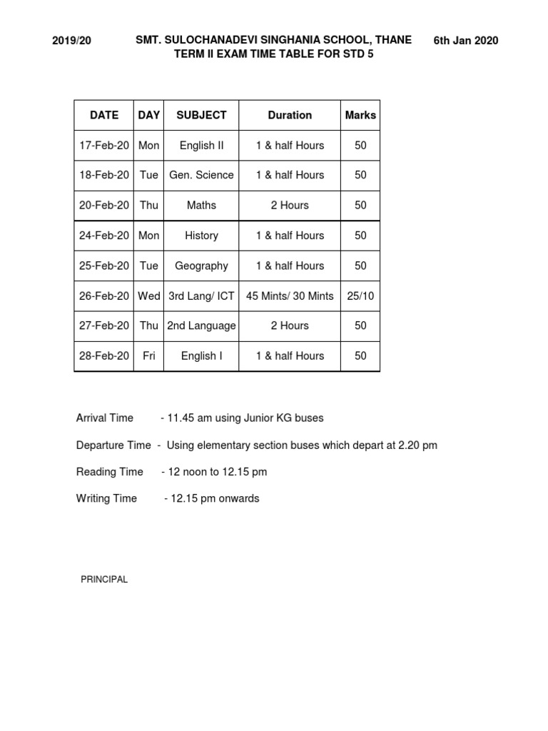 STD 5 TERM II Exam Time Table | PDF