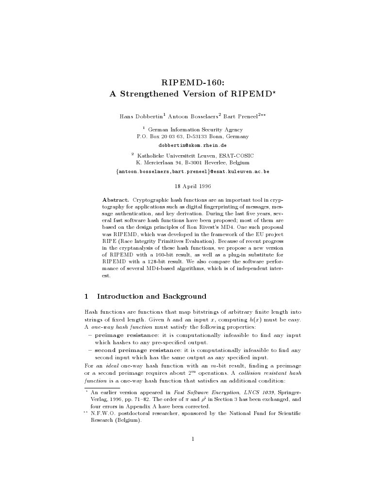 RIPEMD-160: Enhanced Hash Function | PDF | Cryptography | Military Communications