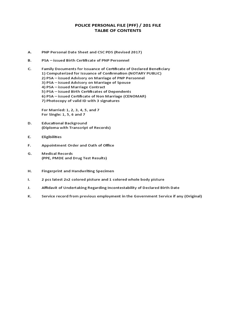 Police Personal File (PFF) / 201 File Talbe of Contents | PDF