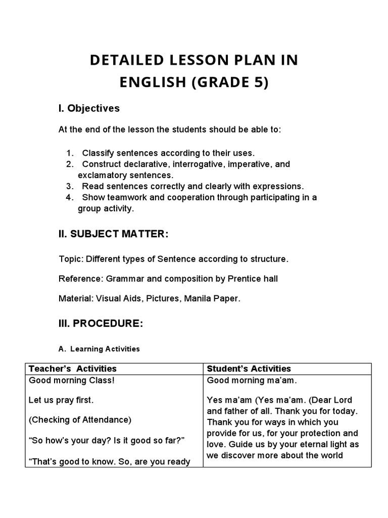 Detailed Lesson Plan in English (Grade 5) : I. Objectives | PDF ...