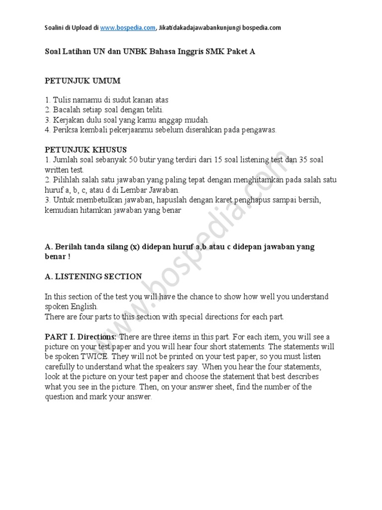 50+ Contoh Soal Latihan UN Dan UNBK Bahasa iNGGRIS SMK Paket A | PDF