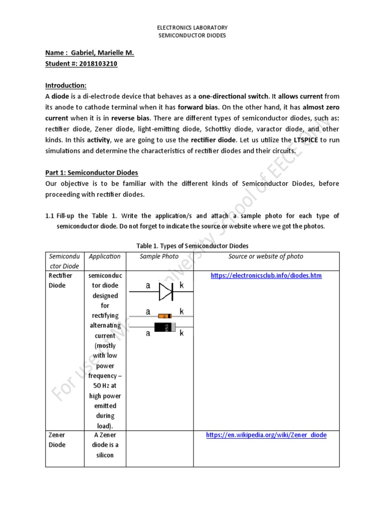 Name: Gabriel, Marielle M. Student #: 2018103210: Electronics Laboratory Semiconductor Diodes ...