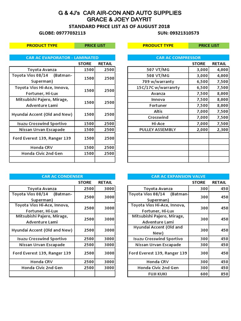 G & 4Js CAR AIR-CON PARTS & TOOLS SUPPLIES PRICELIST - COSTUMER | PDF ...