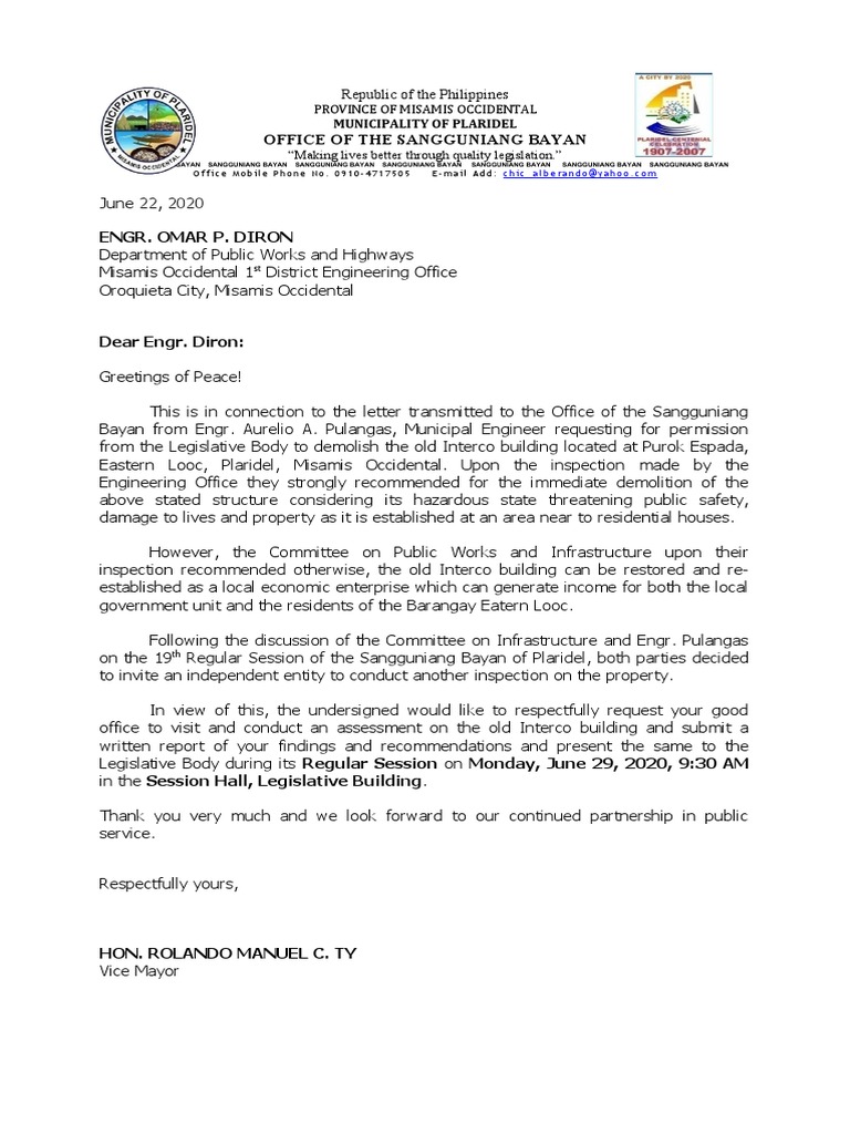 Letter To DPWH - Interco Inspection | PDF | Public Sphere | Government