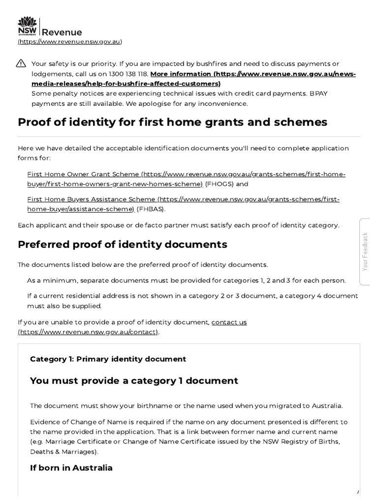 Proof of Identity For First Home Grants and Schemes - Revenue NSW | PDF ...