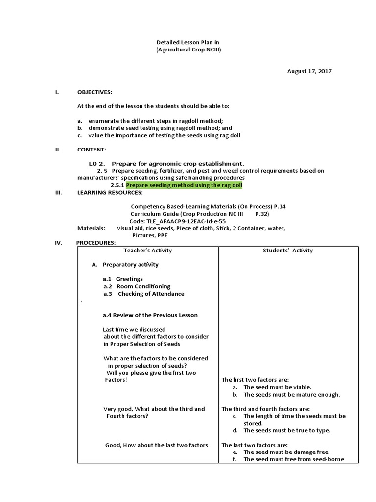 Detailed Lesson Plan in TVL | PDF | Seed | Germination