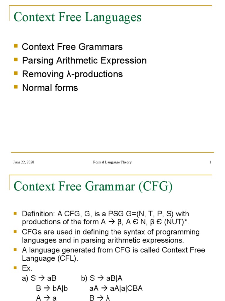 Context Free Languages: Context Free Grammars Parsing Arithmetic ...