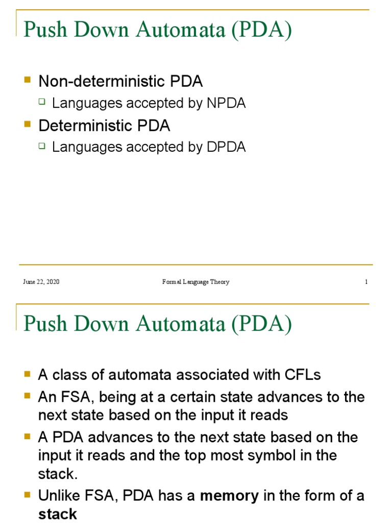 Push Down Automata (PDA) : Non-Deterministic PDA Deterministic PDA ...