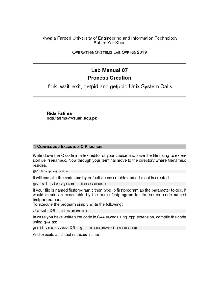 Fork Wait Exit Getpid And Getppid Unix System Calls Lab Manual 07 Process Creation Pdf 9100