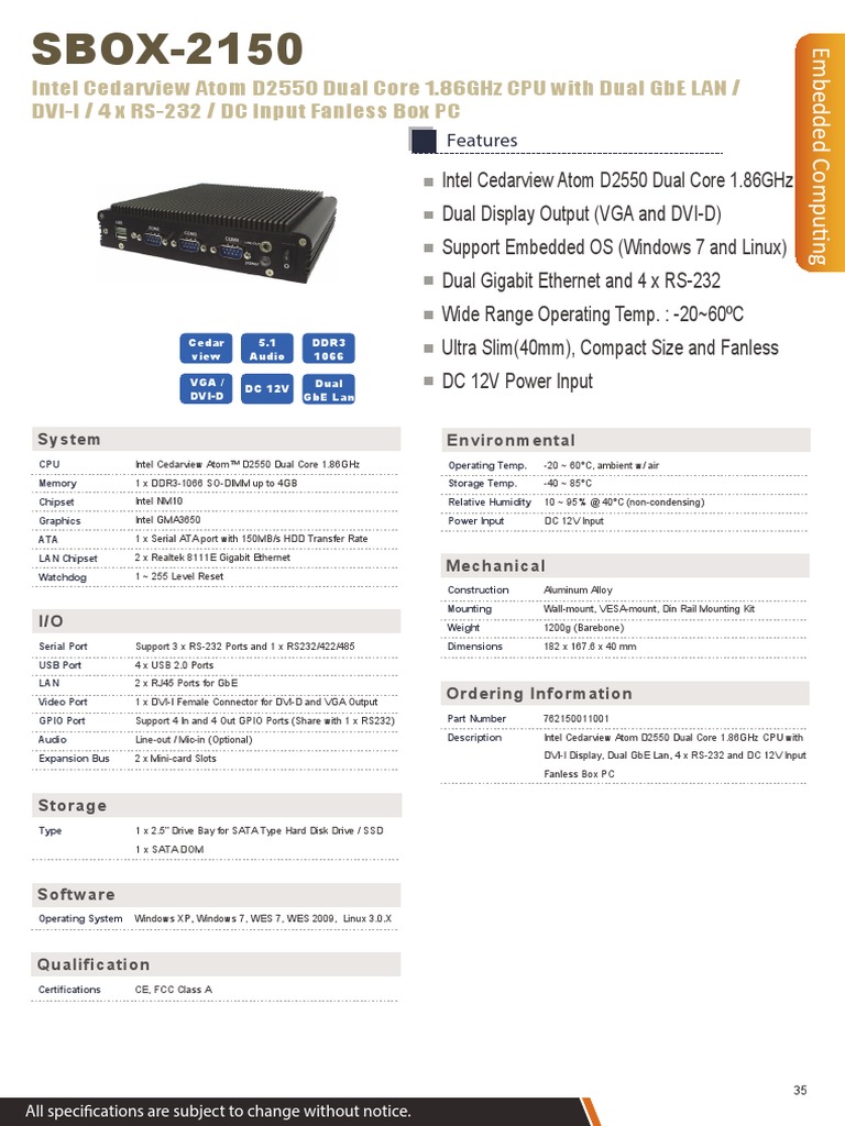 Intel Cedarview Atom D2550 Dual Core 1.86Ghz Cpu With Dual Gbe Lan / Dvi-I / 4 X Rs-232 / DC ...