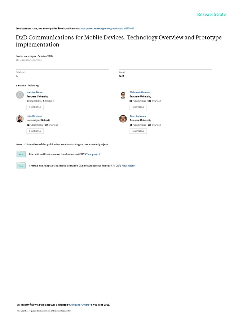 D2D Communications For Mobile Devices: Technology Overview and ...