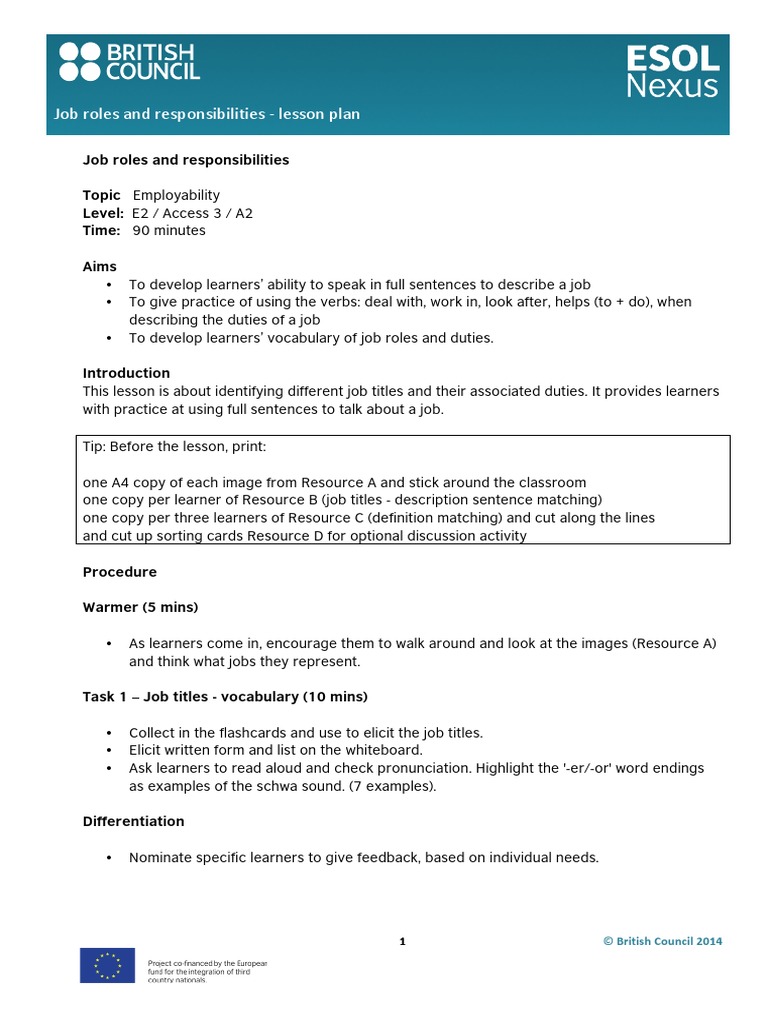 Job Roles and Responsibilities Lesson Plan PDF | PDF | Vocabulary ...