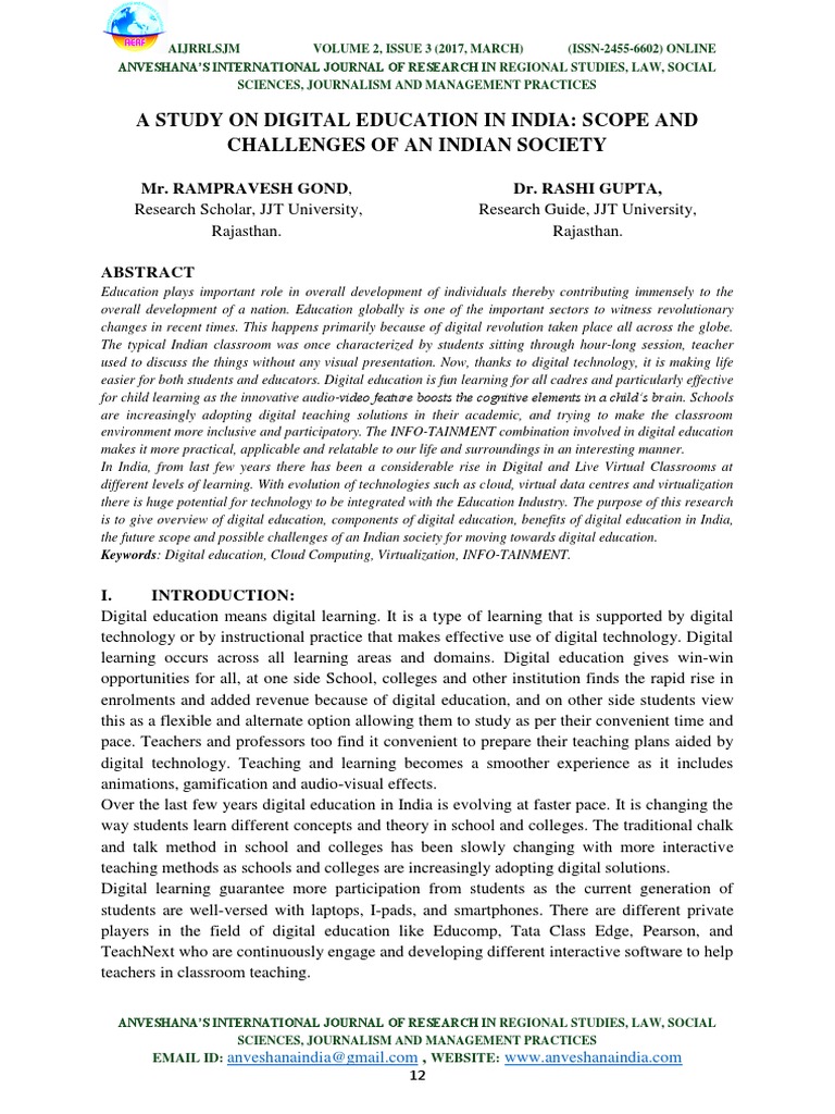 A Study On Digital Education in India Scope and Challenges of An Indian ...