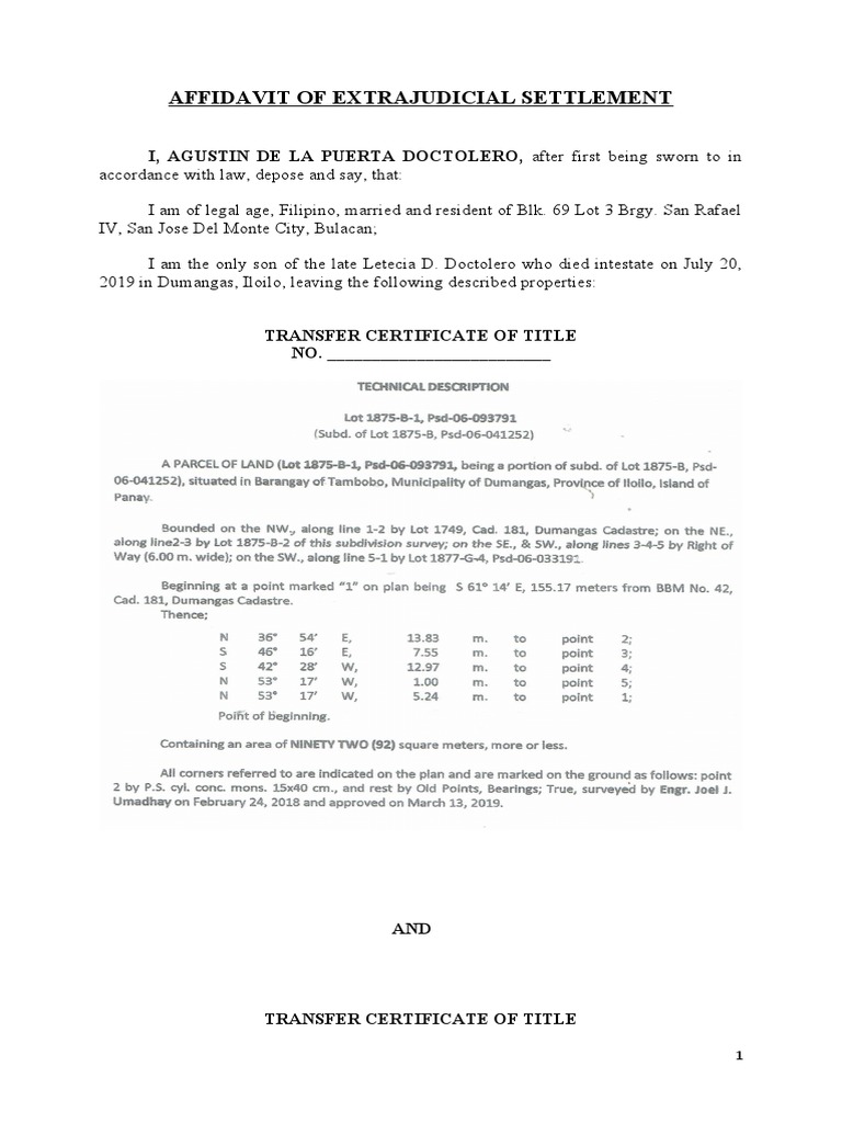 Affidavit of EXTRAJUDICIAL SETTLEMENT OF ESTATE | PDF | Affidavit | Document