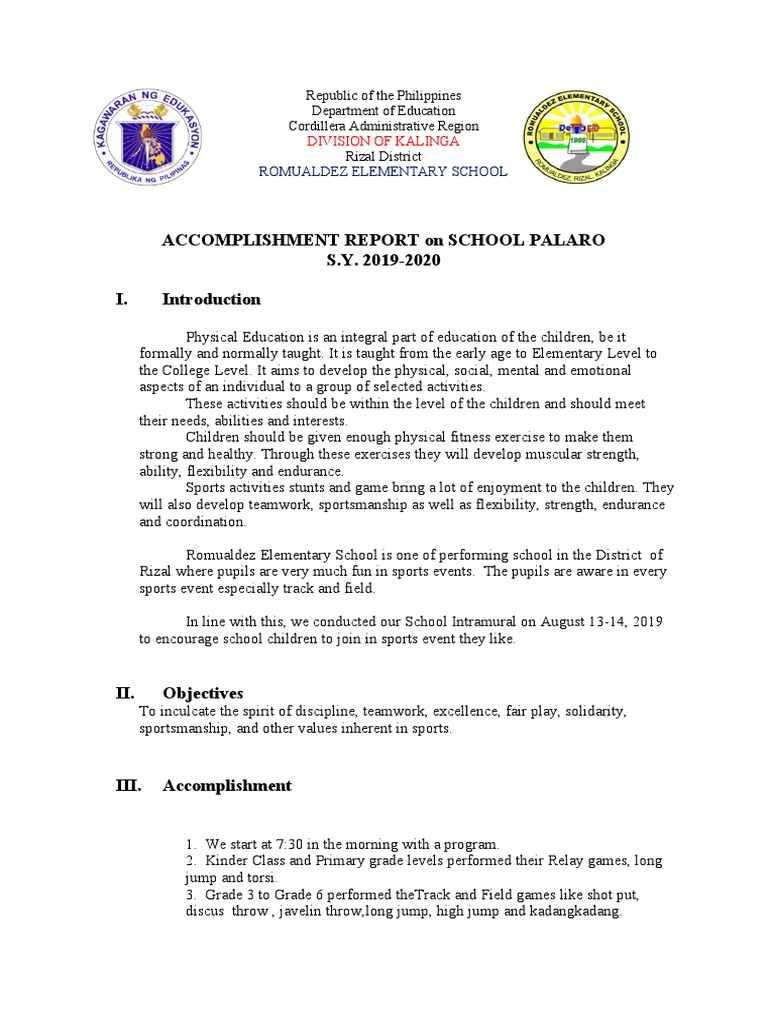 Accomplishment Report On School Palaro S.Y. 2019-2020 I | PDF | Sports ...
