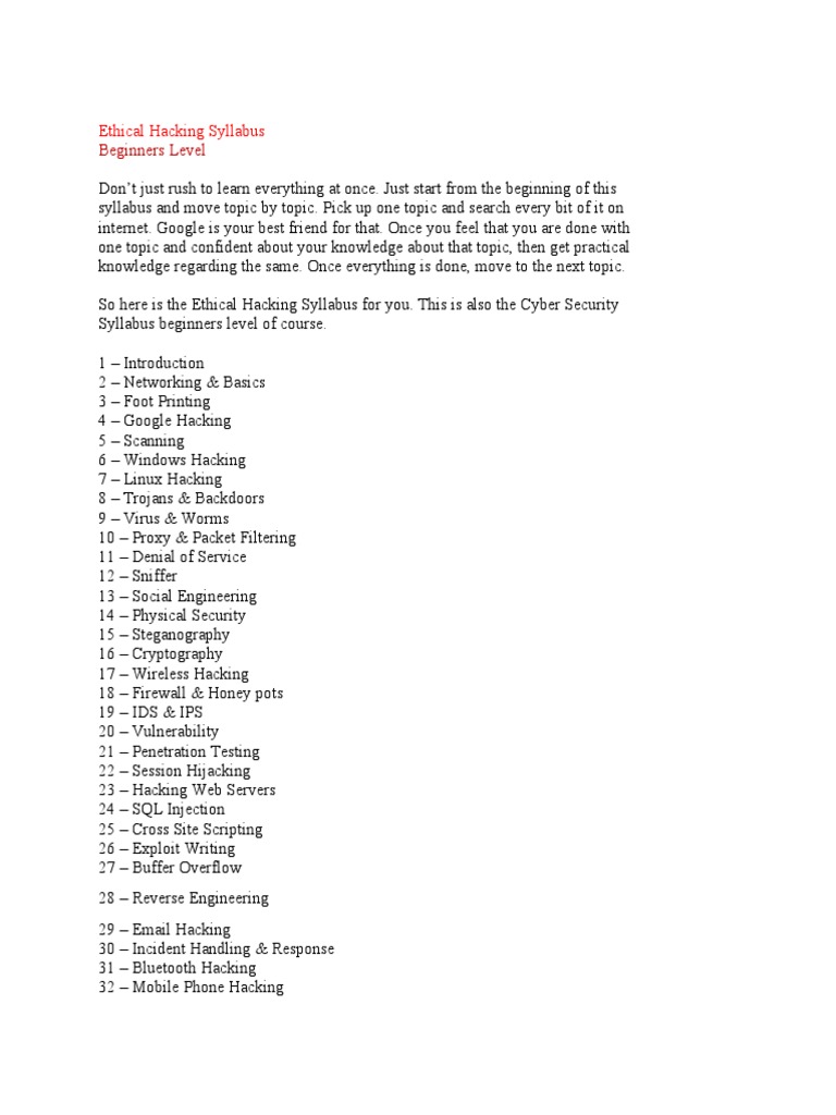 Ethical Hacking Beginner Syllabus | PDF