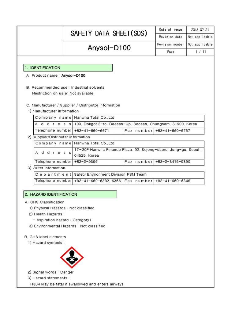 Safety Data Sheet (SDS) Anysol-D100 | PDF | Firefighting | Toxicity