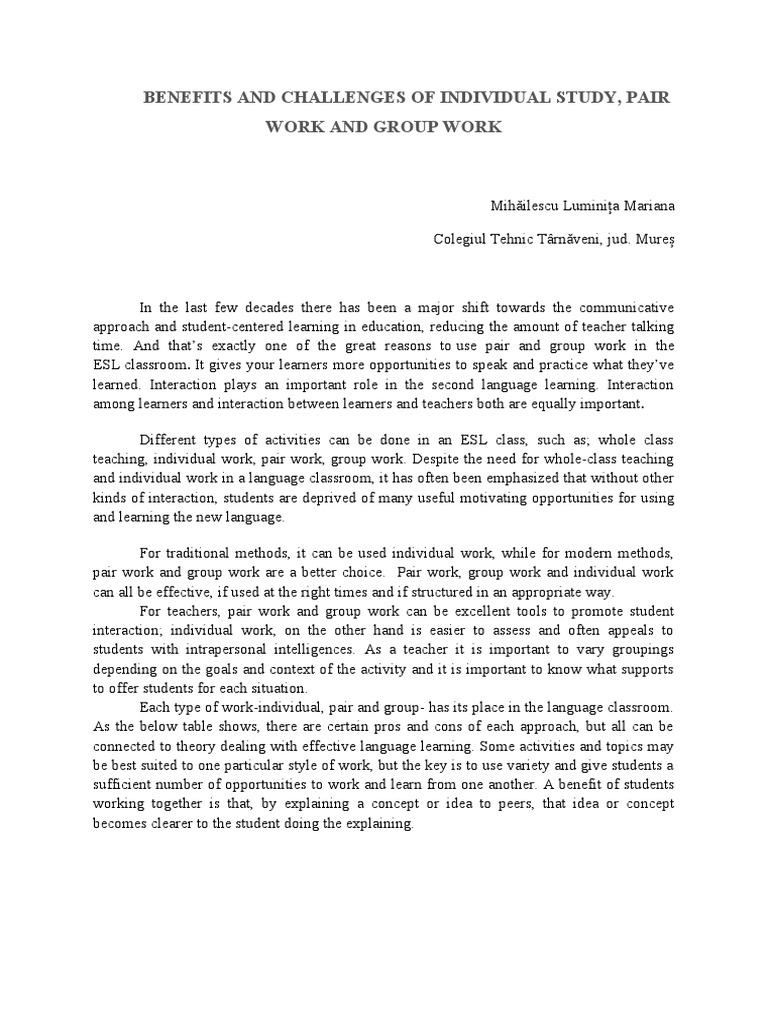Benefits and Challenges of Individual Study, Pair Work and Group Work ...