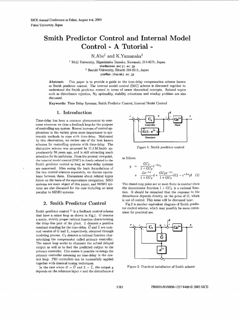 Smith Predictor Control and Internal Model Control - A Tutorial 03 PDF ...