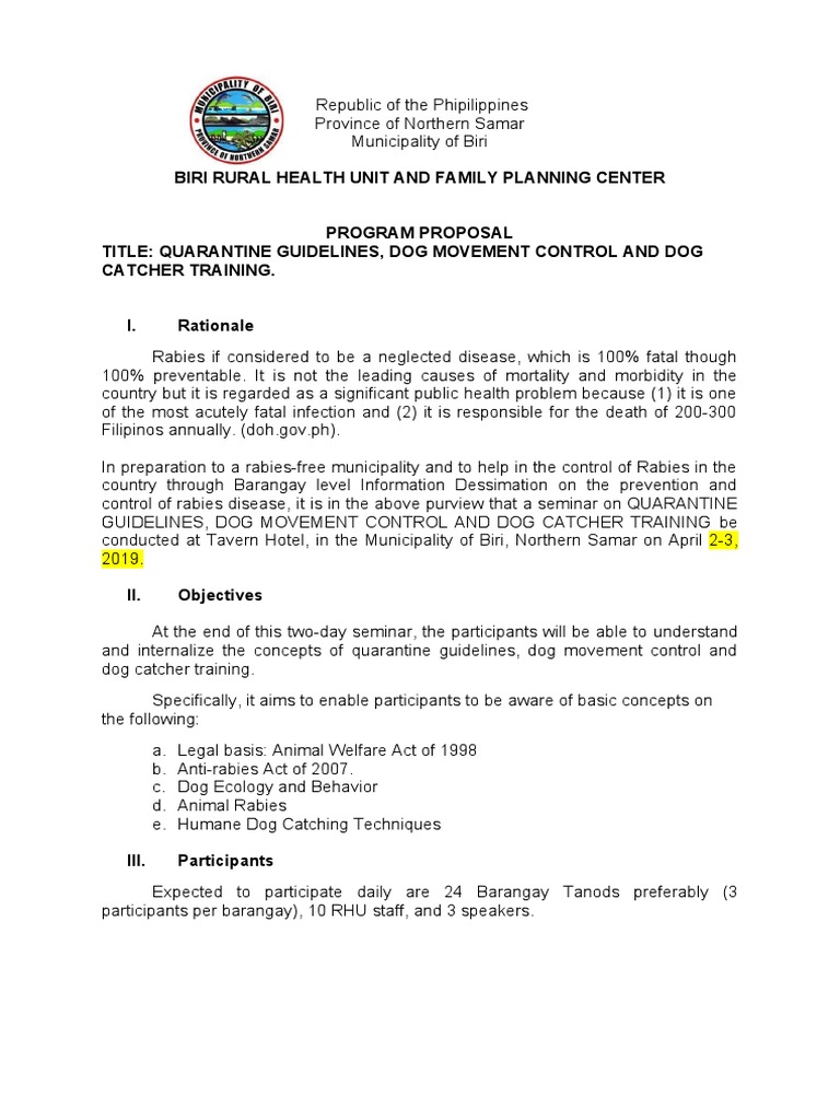 Biri-Dog Catcher. Proposal | PDF | Rabies | Quarantine