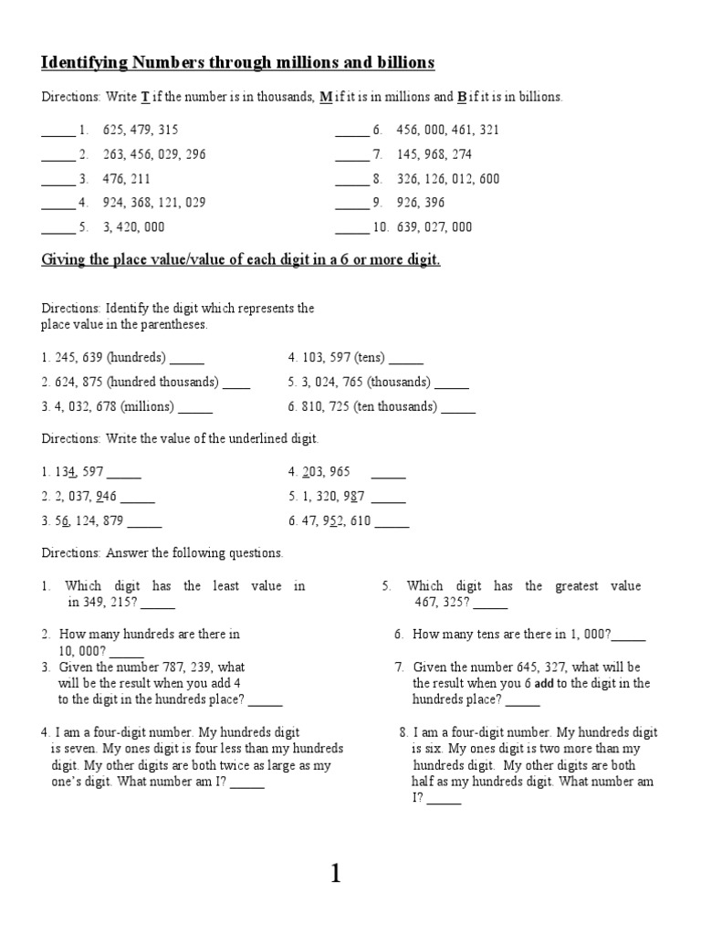 Identifying Numbers Through Millions and Billions: Giving The Place ...