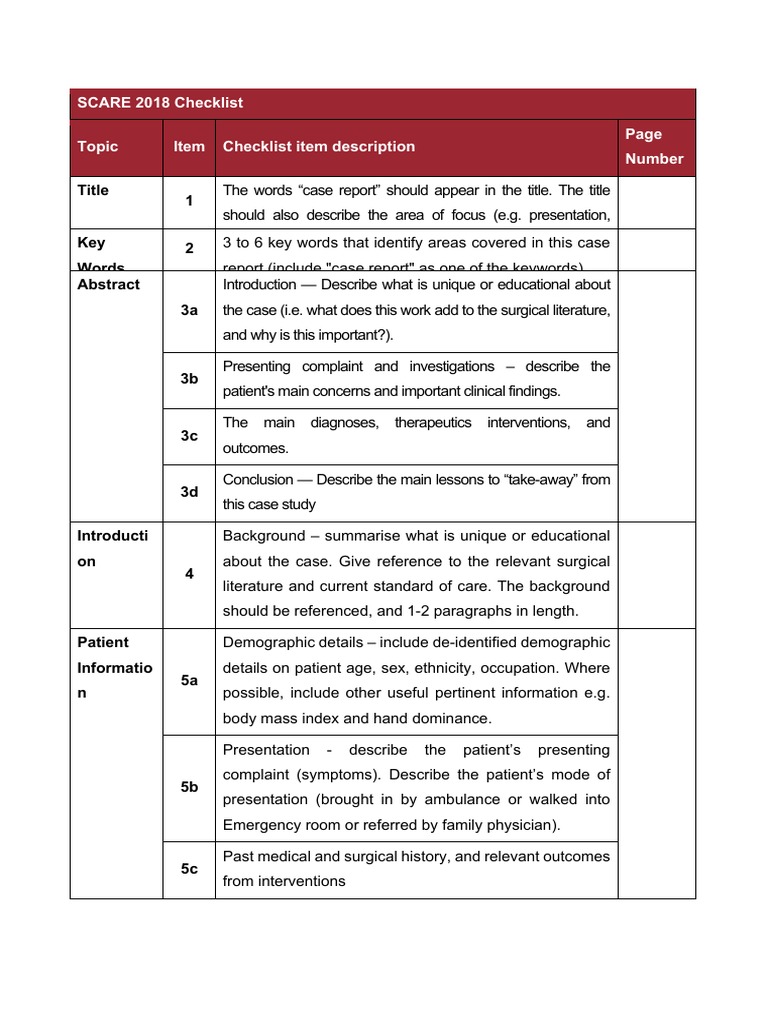 Title 1 Key Words 2 3a: SCARE 2018 Checklist Topic Item Checklist Item ...